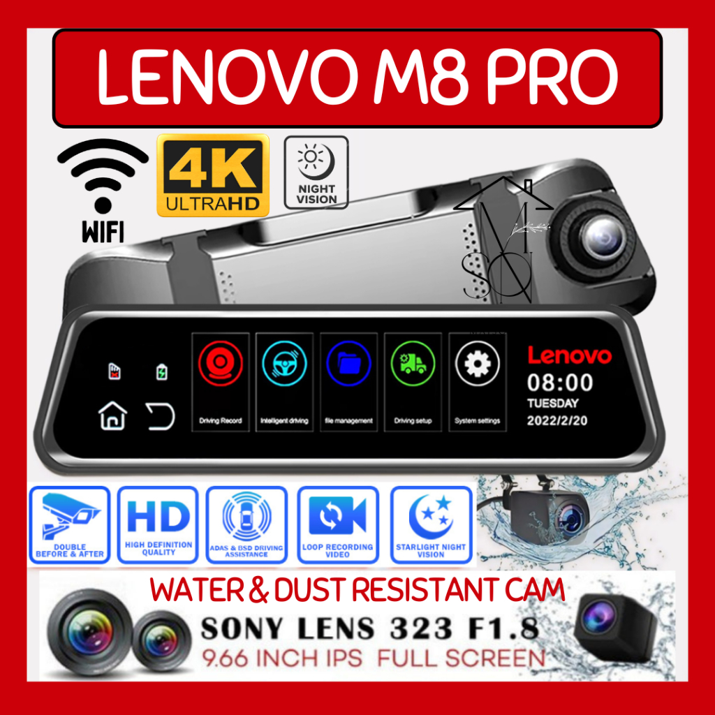 Jual Lenovo M8 Pro 4K Car Camera Dashcam WIFI GPS Original DVR Dual Full-HD Full Screen | Shopee ...