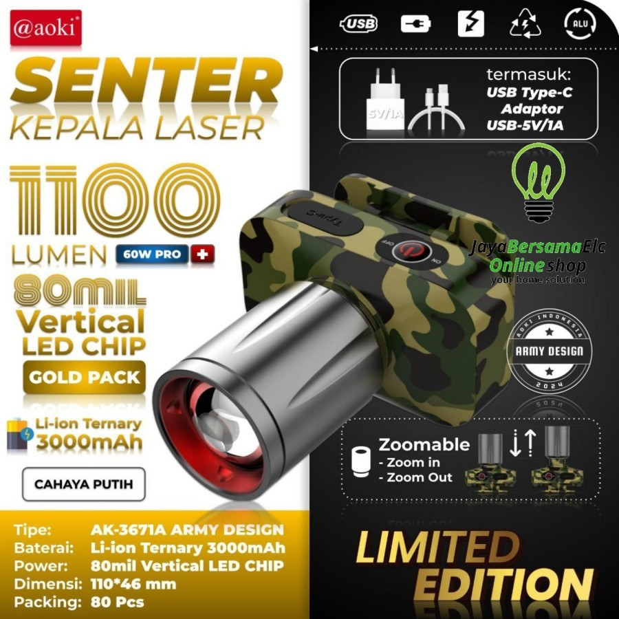 Jual Senter Kepala Zoom AOKI PRO AK-3671A Putih & Kuning 60W AOKI Pro Army Loreng 1100 Lumen USB ...
