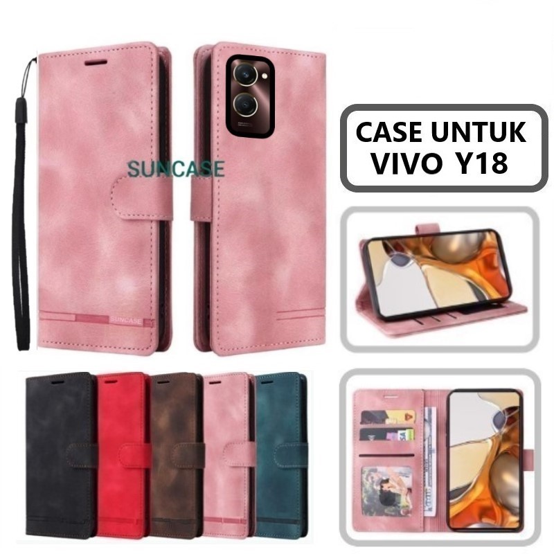 Jual Casing VIVO Y18 model flip buka tutup case kulit ada tempat foto dan kartu juga tali hp ...