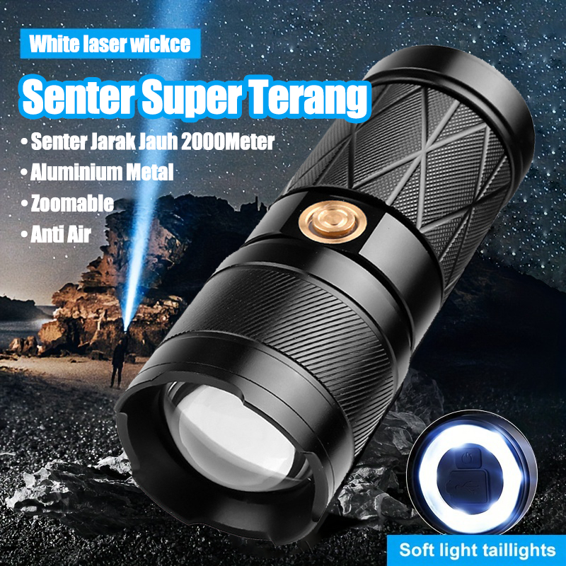 Jual 𝑨𝑵𝑩𝑶𝑳𝑻 Senter LED Super Terang Jarak Jauh 2000 meter Zoomable Senter Mini Anti Air Senter ...