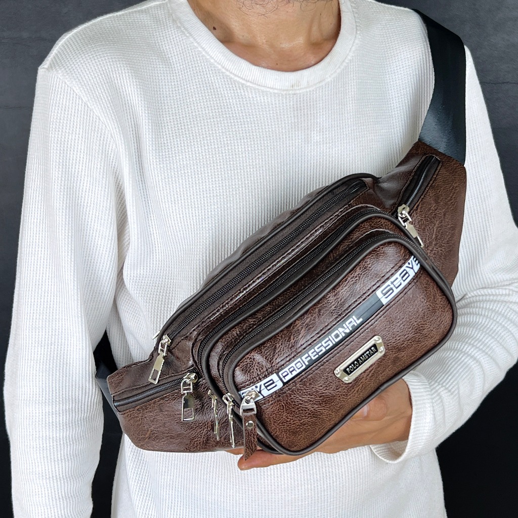 Jual Waistbag Casual PU Leather Premium Slingbag Polo Amstar 7 Ruang ...