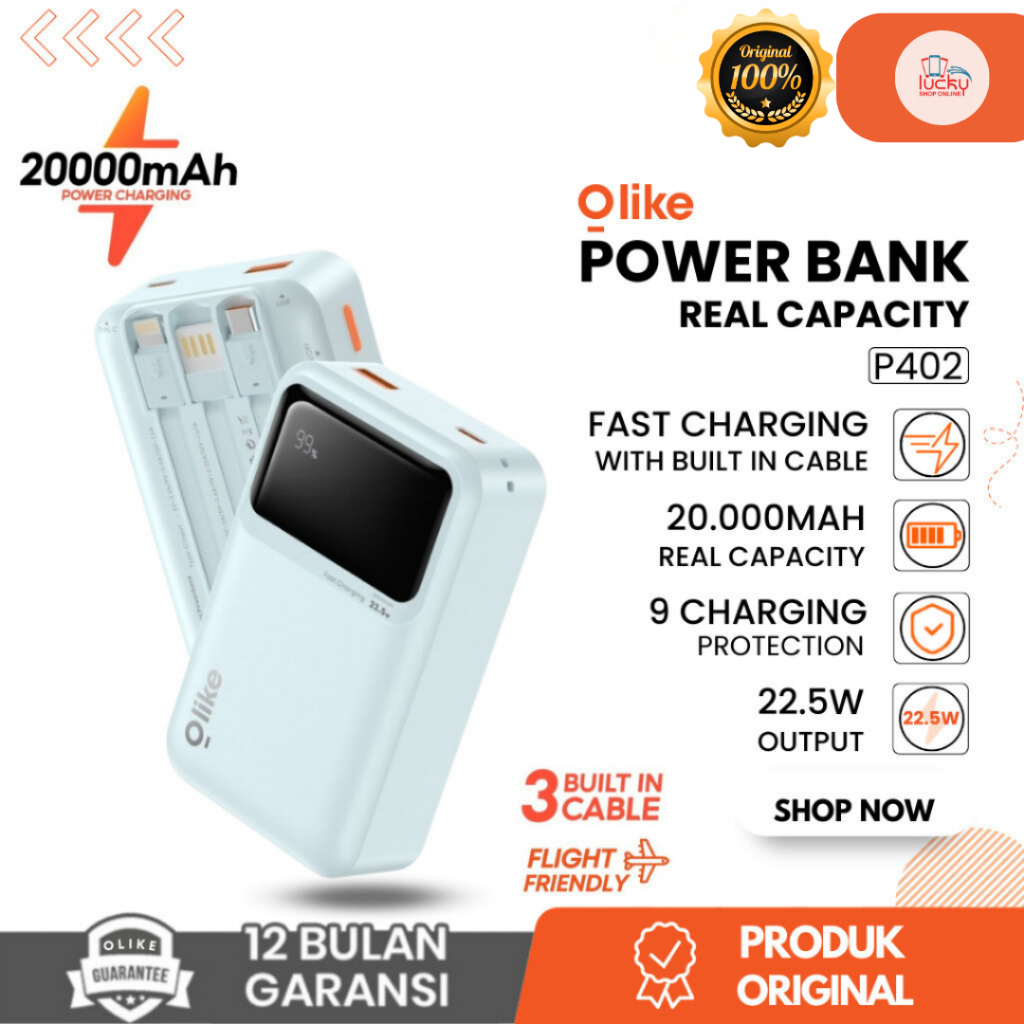 Jual OLIKE P402 PowerBank 20000mAh 3 Built-in Cable 22.5W Ultra Compact Power LED Display ...