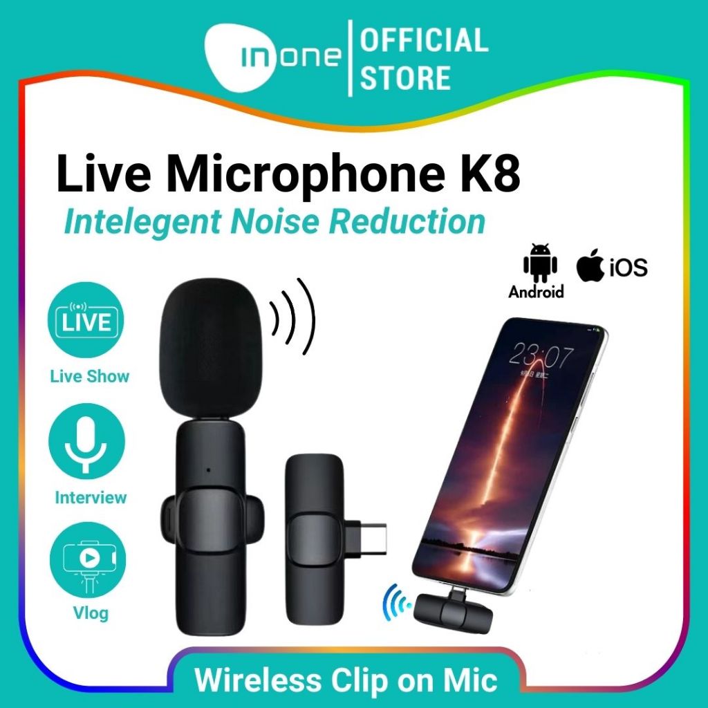 Jual INONE K8 Mic Live Streaming Live Microphone Portable Wireless Lavalier Mic USB Type C ...