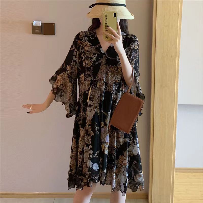 Jual FAN Gaun pinggang V-neck ukuran besar sifon baru/dress floral ...