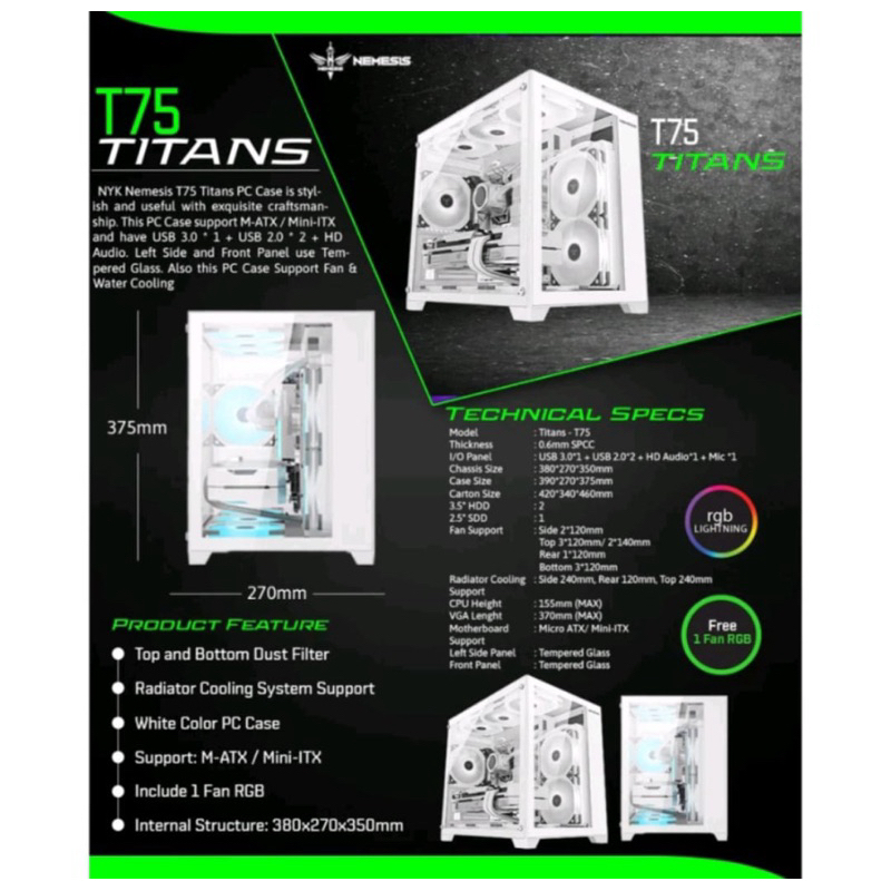 Jual NYK Nemesis Casing PC Gaming White T75 Titans Free 1Fan RGB ...