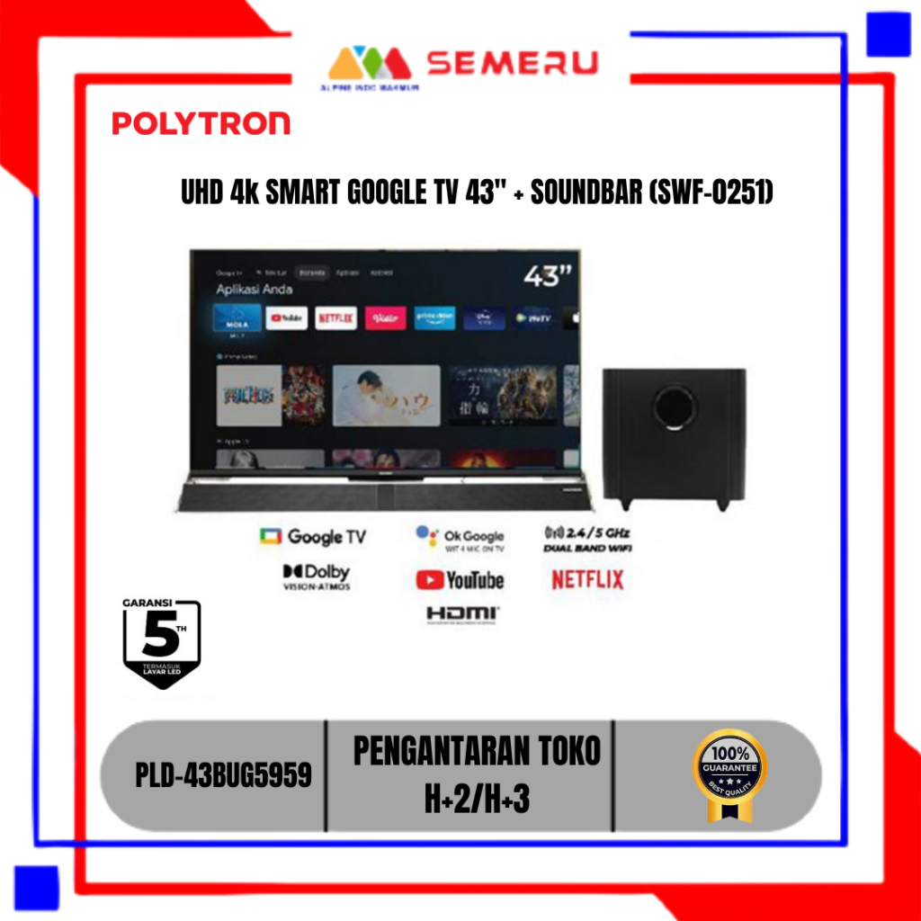 Jual POLYTRON UHD 4K SMART GOOGLE TV 43" + SOUNDBAR (SWF-0251) PLD-43BUG5959 KHUSUS MAKASSAR ...
