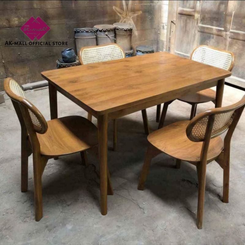 Jual Meja makan minimalis meja kursi cafe kayu jati kombinasi rotan asli | Shopee Indonesia