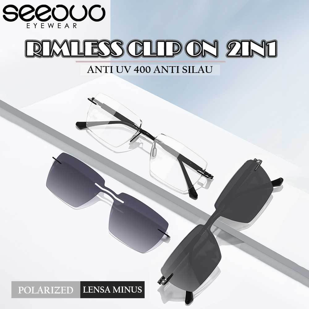 Jual Seeouo Kacamata Clip On 2in1 Anti UV 400 Anti Silau Rimless Style Kotak Bahan Metal Ringan ...