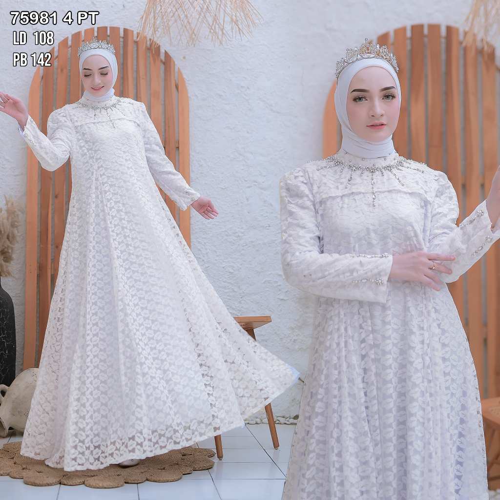 Jual Gamis Brokat Putih Mutiara Motif Daun 75981 Baju Muslim Vima Mewah ...