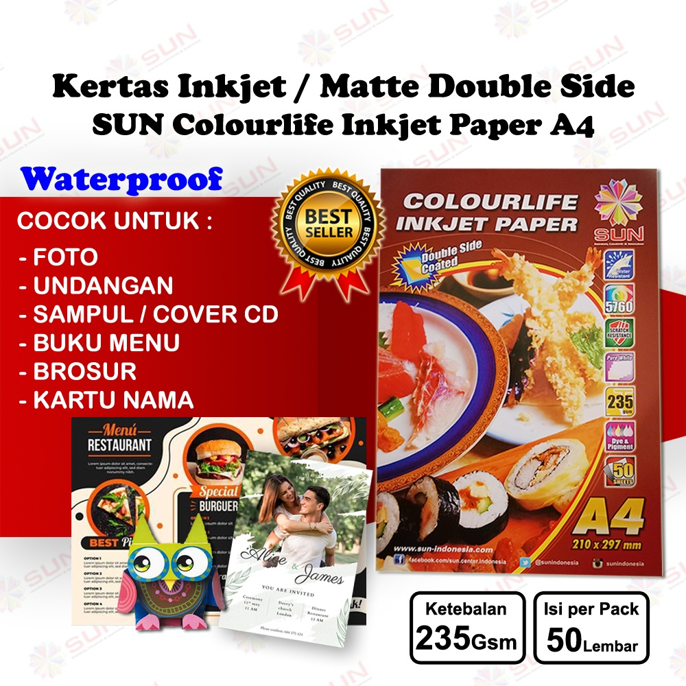 Jual Kertas Inkjet Matte A4 isi 100 Lembar - SUN Colourlife Inkjet ...