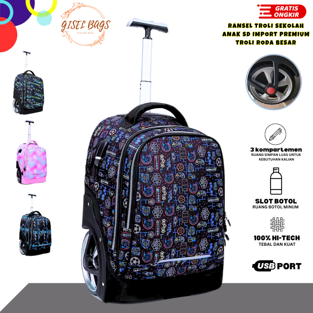 Jual tas trolley koper anak sekolah SD SMP laki laki roda besar usb ...