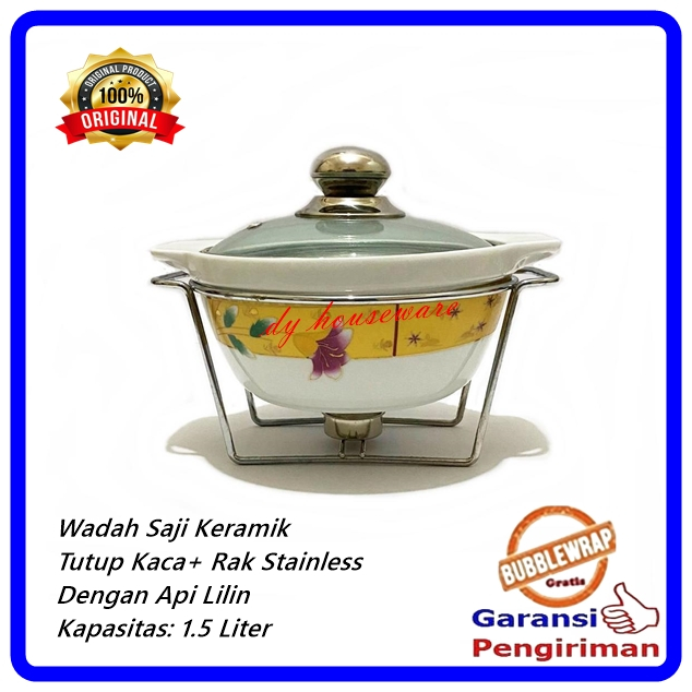 Jual Wadah Saji Keramik Tutup Kaca Mini Prasmanan Bulat 10Inc 1.5 Liter Rak Stainless Api Lilin ...