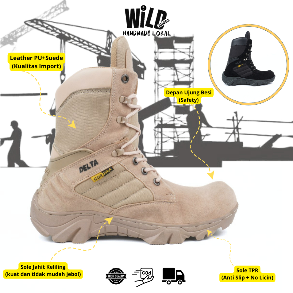 Jual Sepatu Pria Boots Safety Ujung Besi - Cordura Tactical Krem Hitam ...
