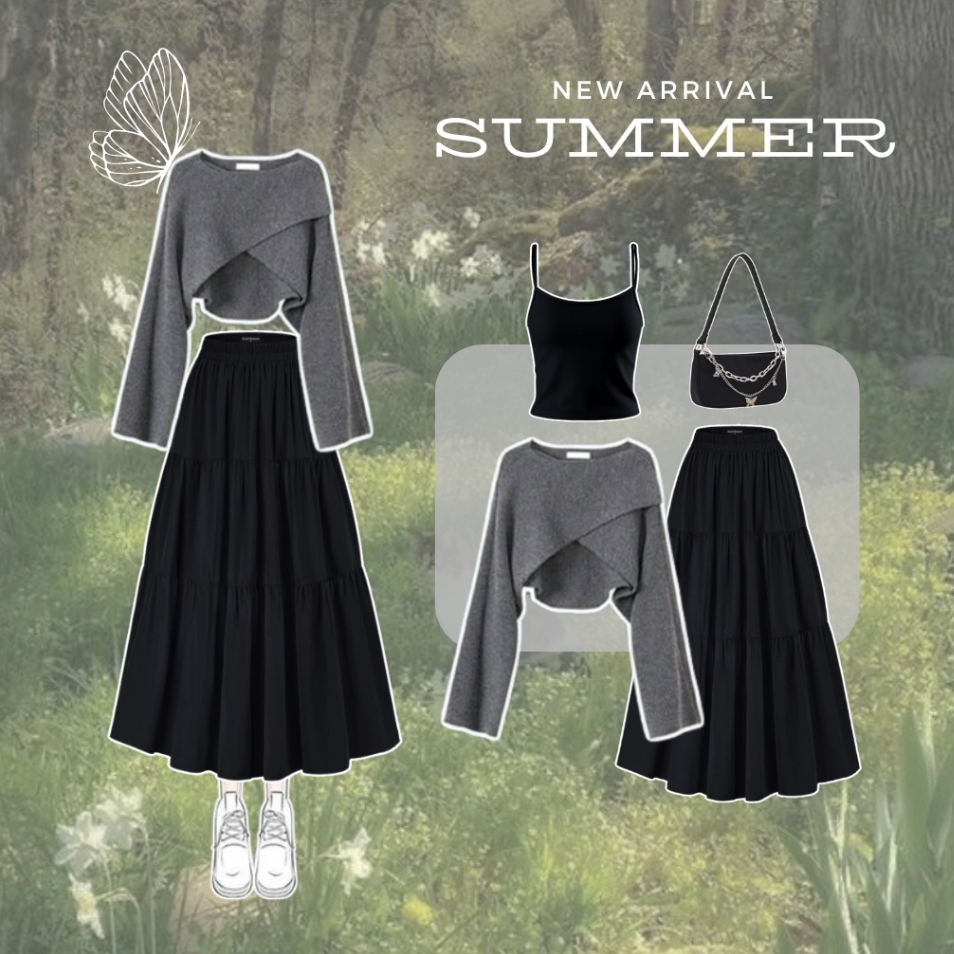 Jual 3IN1 Fairy Sweater Wanita Lengan Panjang Atasan Rajut Crop Set Rok ...