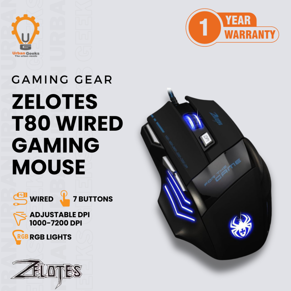 Jual Zelotes T80 Ergonomic Gaming Mouse RGB Mouse 7200 DPI LED Optical ...