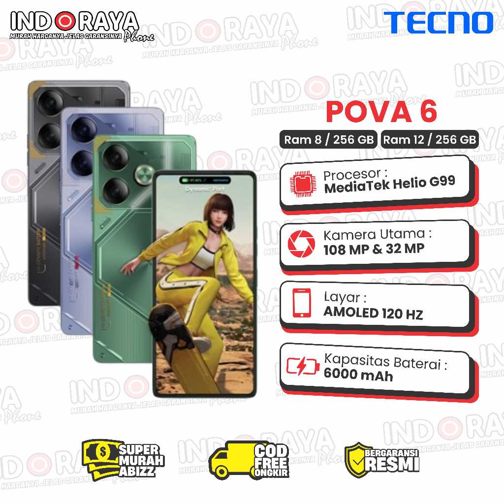 Jual Tecno Pova 6 NFC 12/256 GB 8+8GB*/256GB, AMOLED 6,78” FHD+ 120Hz, 6000mAh+70W Ultra Change ...