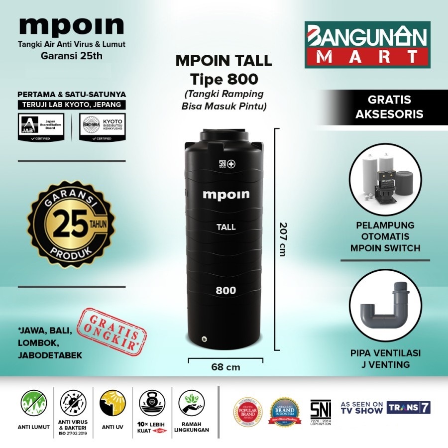 Jual Tangki Air Toren MPOIN TALL 800 Hitam Tangki Ramping bisa Masuk ...