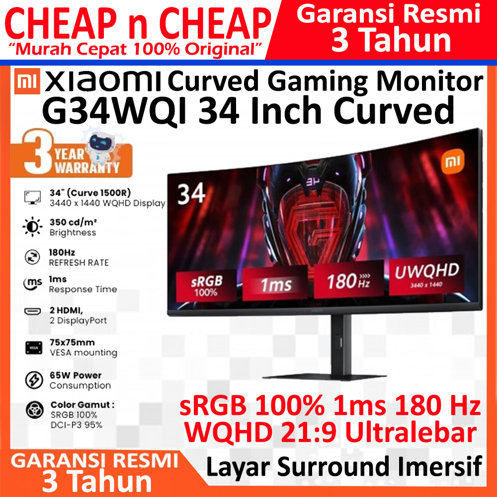 Jual Xiaomi Curve Gaming Monitor G34WQi 180Hz 1MS sRGB 100% LED Monitor ...
