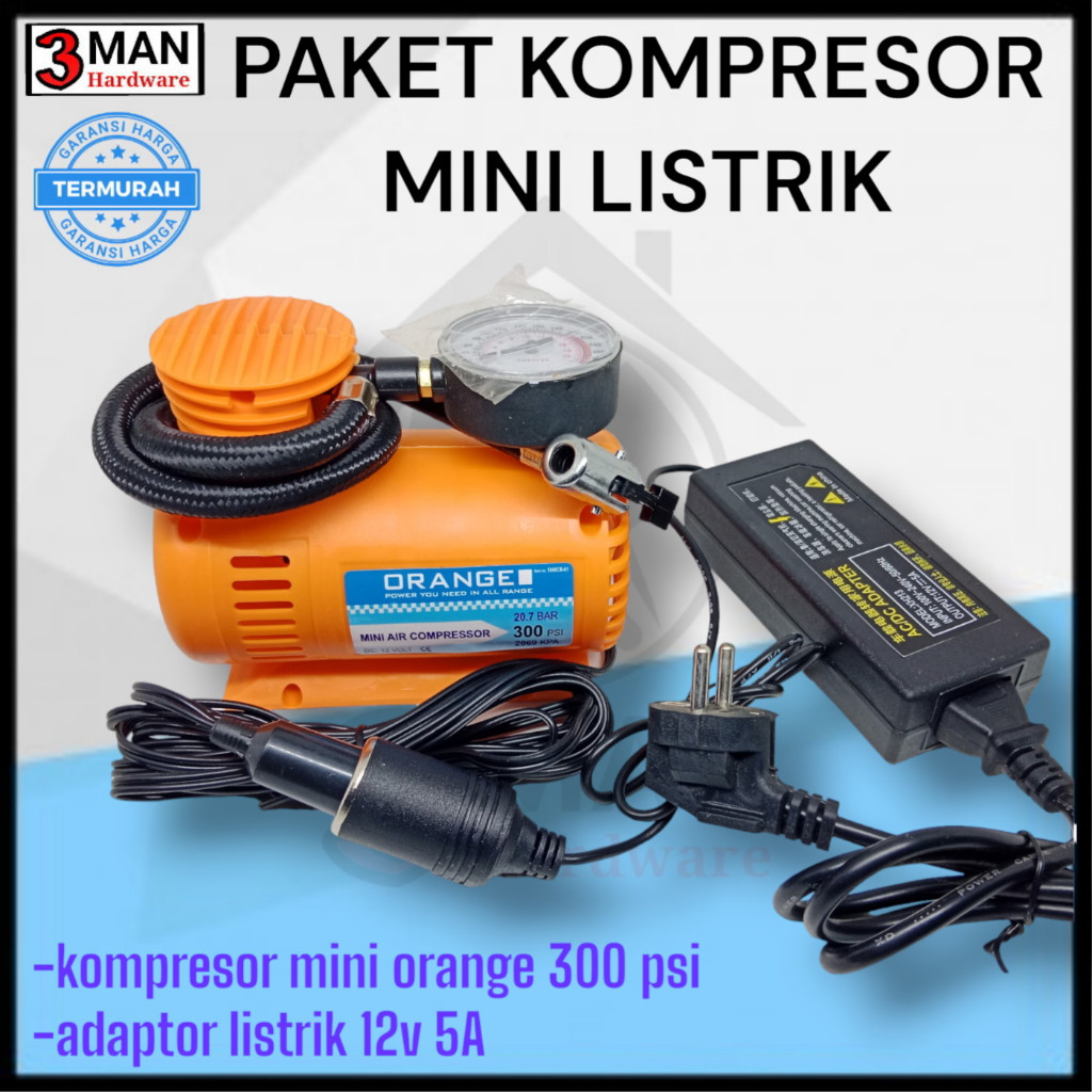 Jual PAKET KOMPRESOR MINI LISTRIK ORANGE / POMPA BAN ELEKTRIK 300 PSI ...