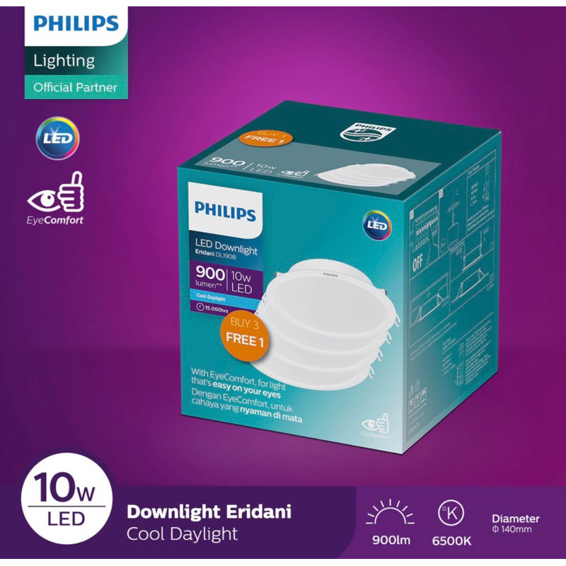 Jual [ PAKET ISI 4 LAMPU ] PHILIPS LED Downlight Eridani Multipack 10W ...