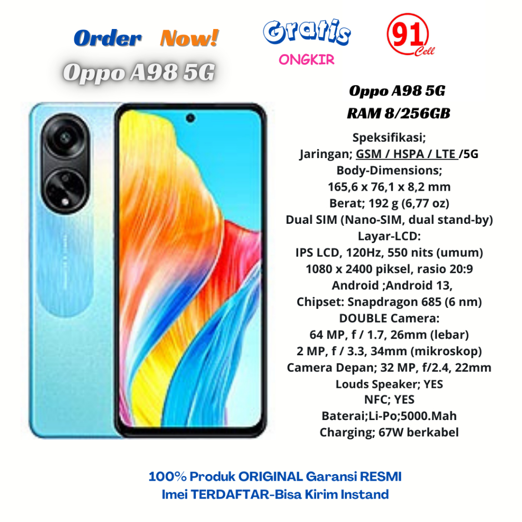 Jual Oppo A98 5g Ram8/256gb garansi resmi | Shopee Indonesia