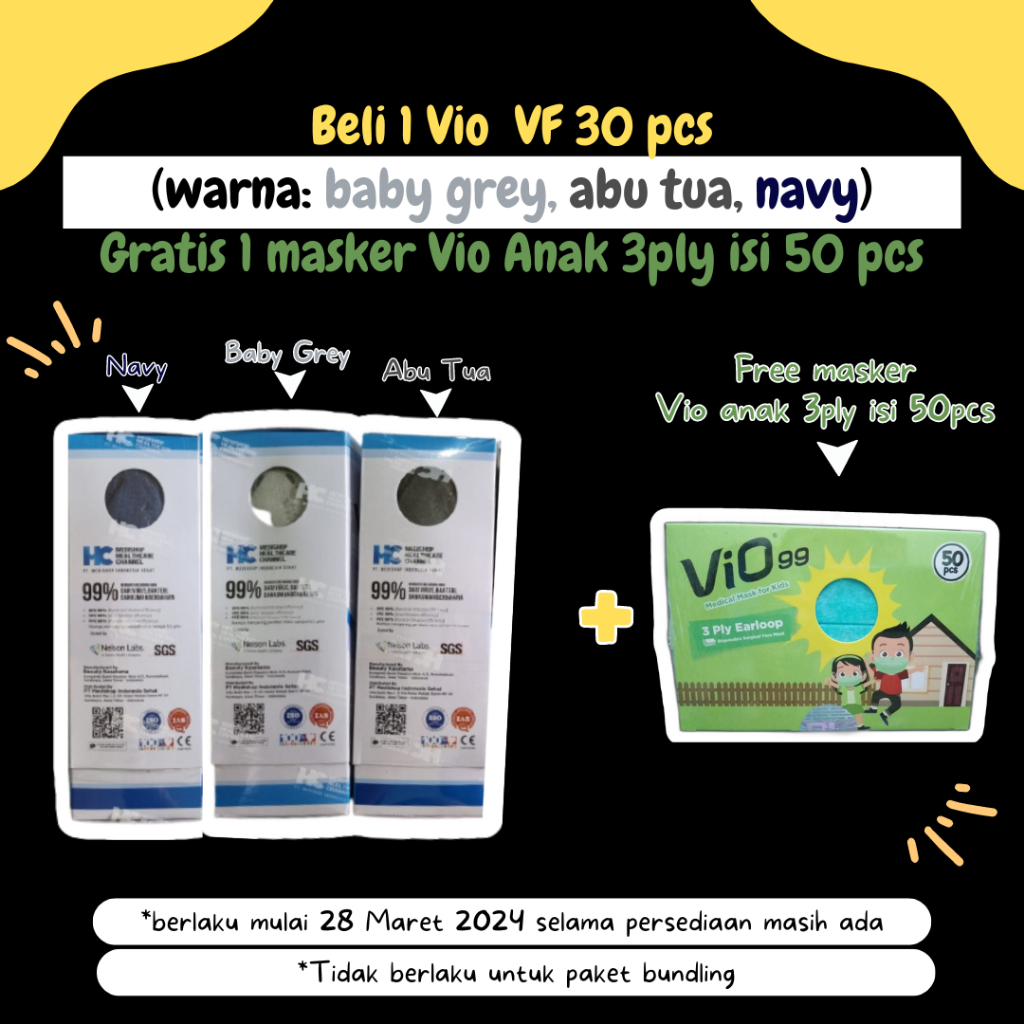 Jual Masker Vio VF 4ply Earloop isi 30 pcs (warna: putih, hitam, abu2 ...