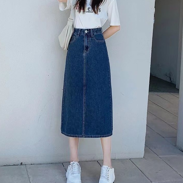 Jual COD Emily RokBiru laut Highwaist Rok midi Aline Denim Split ...