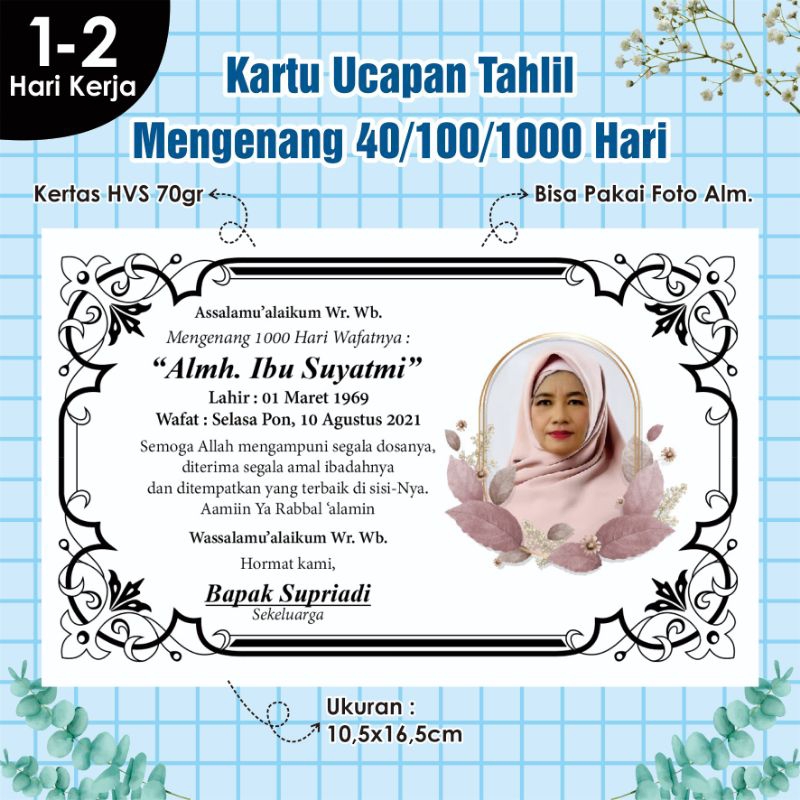 Jual Kartu Ucapan Tahlil Mengenang 7/40/100/1000 hari wafatnya, Kartu ...