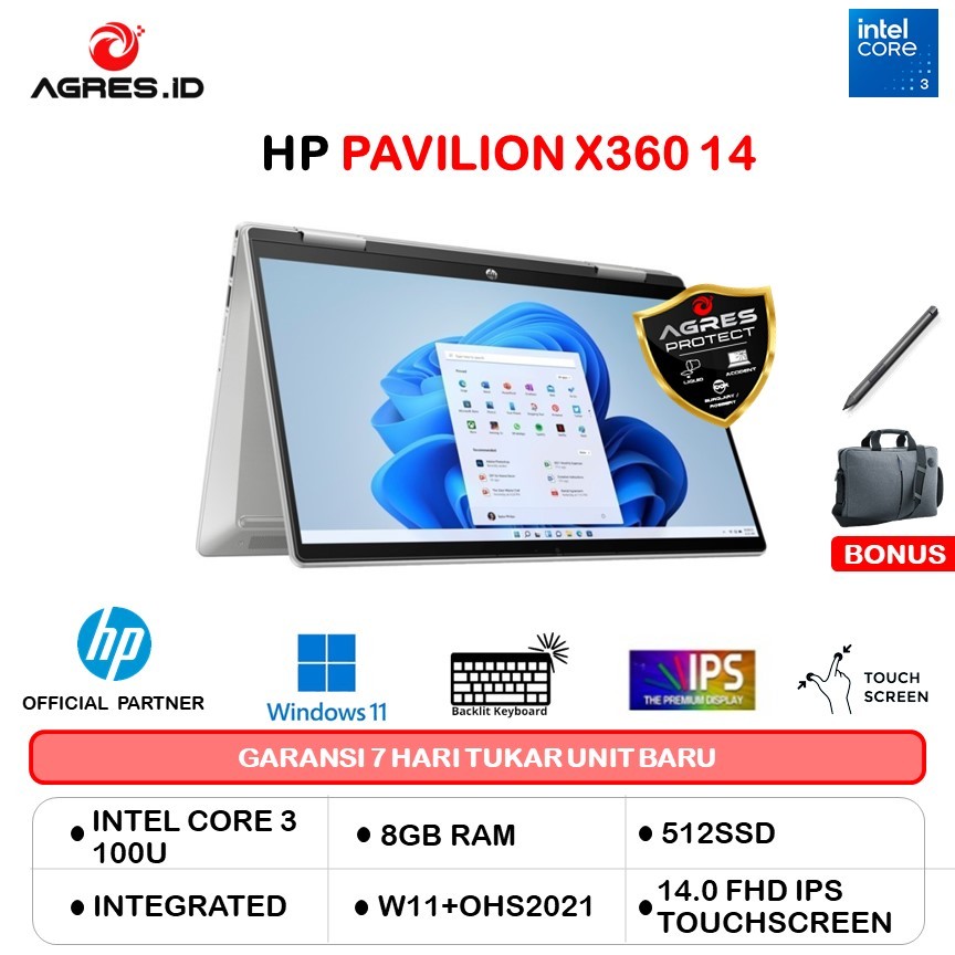 Jual HP PAVILION X360 14 TOUCH CORE 3 100U 8GB 512GB W11+OHS 14.0FHD ...