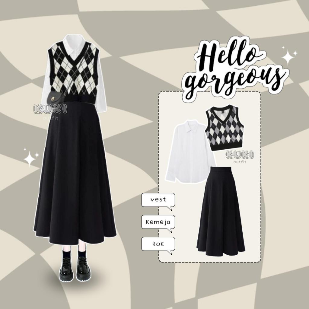 Jual One Set Wanita Korean Style (Vest Rajut Kemeja Rok Hitam) OOTD ...