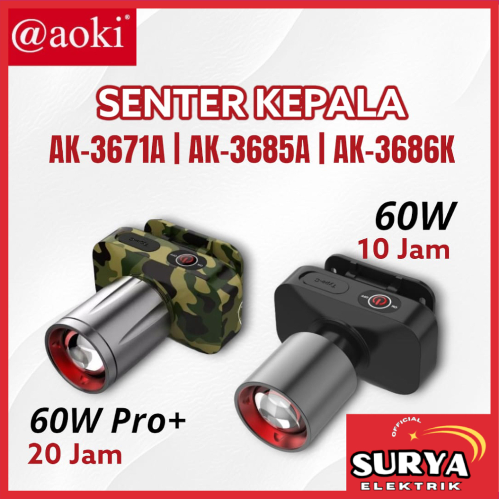 Jual Senter Kepala AOKI 20W 60W 80W Headlight / Professional Headlamp Zoom Army Lithium ...