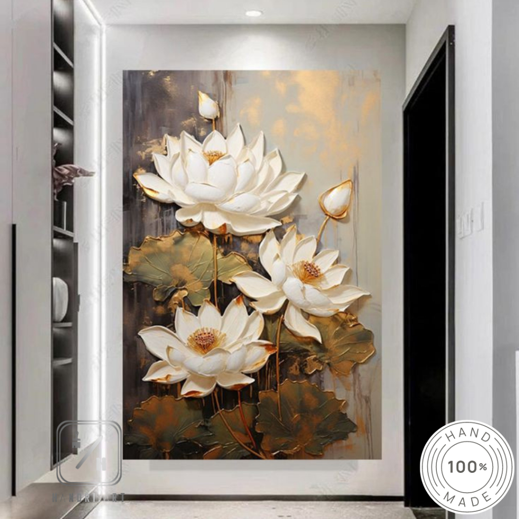 Jual lukisan bunga putih cantik nuansa gold mewah 100% handmade ...