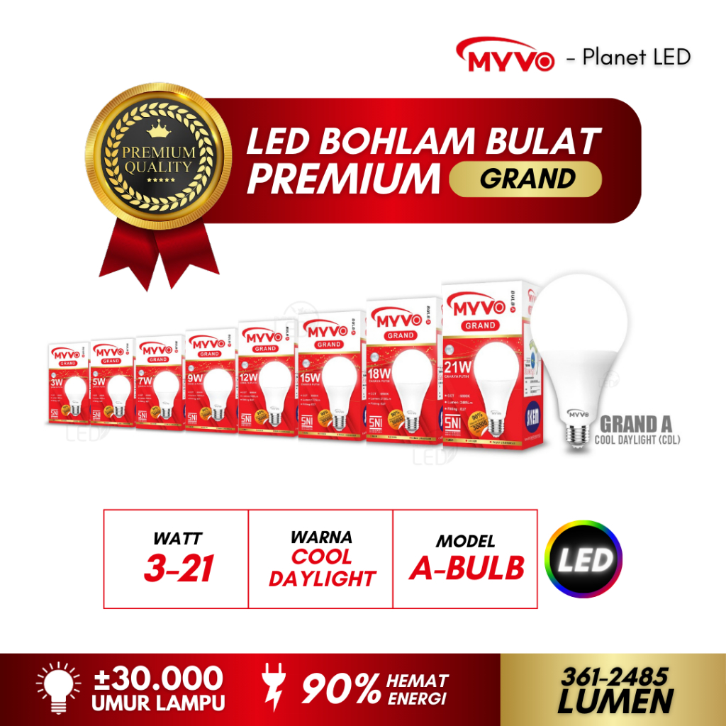 Jual Lampu LED Bohlam Bulat Premium 21/18/15/12/9/7/5/3 Watt Myvo Grand Putih Terang Awet ...