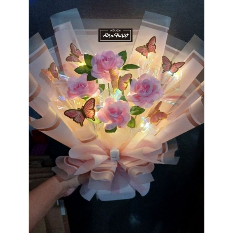 Jual Produk baru buket kupu bunga artifisial +lampu led free kartu ...