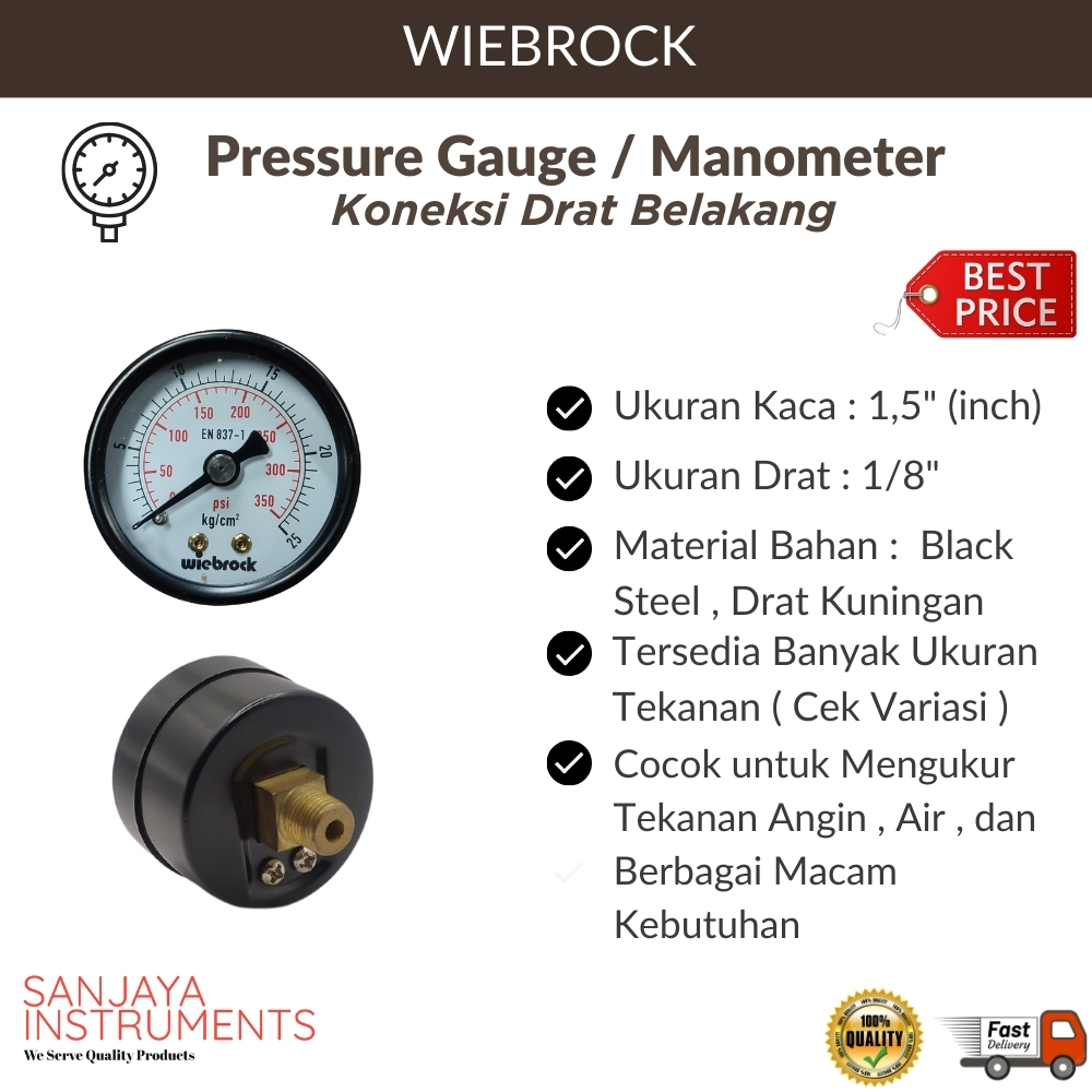 Jual Pressure Gauge Wiebrock 1,5" inch 25kg Drat 1/8 Manometer tipe ...