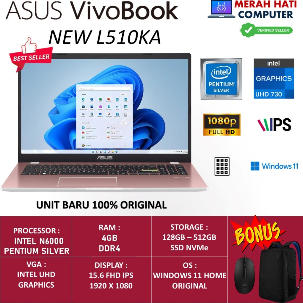 Jual Laptop Asus vivobook L510ka intel n6000 pentium silver 4GB/512GB ...