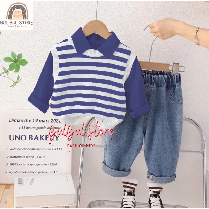 Jual Setelan Anak 1-5 Tahun OneSet 3in1 Vest Anak Salur Celana Denim ...