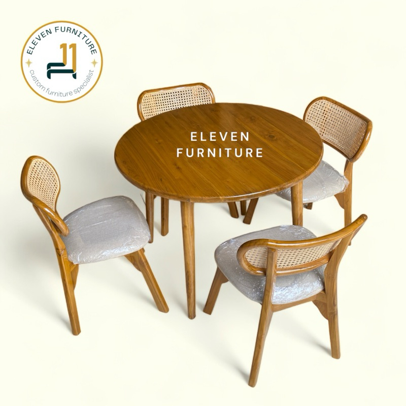 Jual SET MEJA MAKAN BULAT 4 KURSI KACANG ROTAN ALAMI kayu jati cafe resto minimalis retro korean ...
