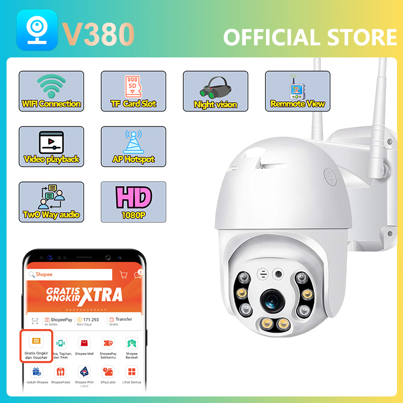 Jual CCTV V380 Pro IP Kamera 1080P Outdoor Wifi Waterproof PTZ Color ...