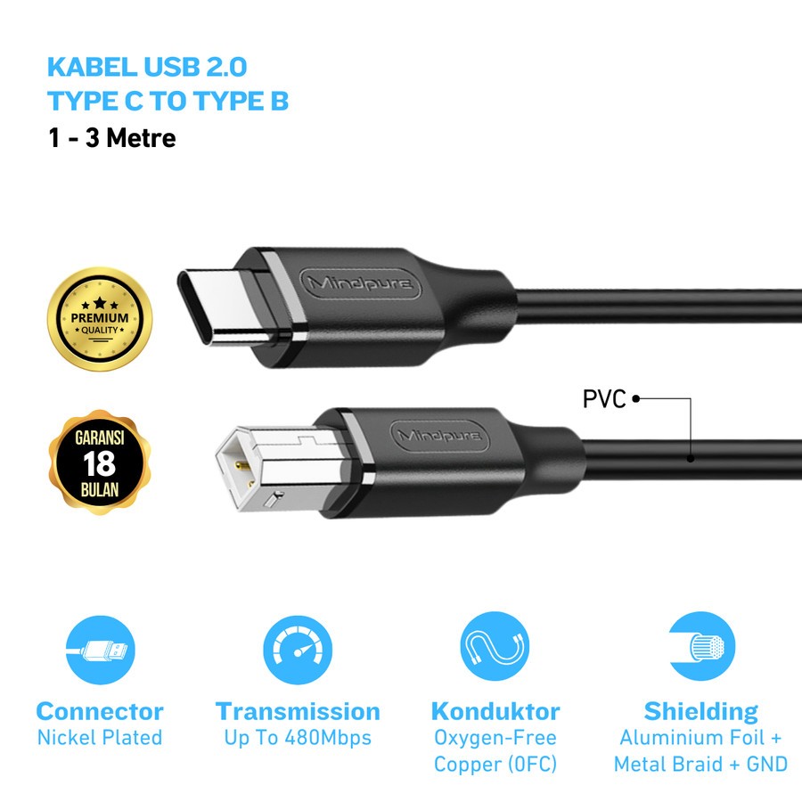 Jual Kabel Printer Type C Male To Type B Male Mindpure (US025) | Shopee ...