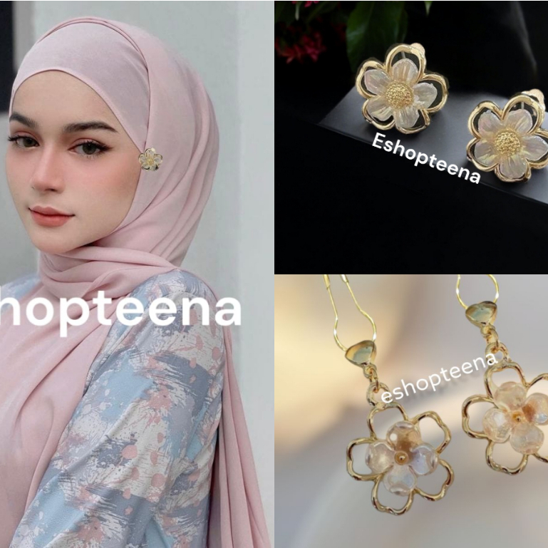 Jual A156 anting hijab bunga putih gold peniti / jepit / klip_anting ...