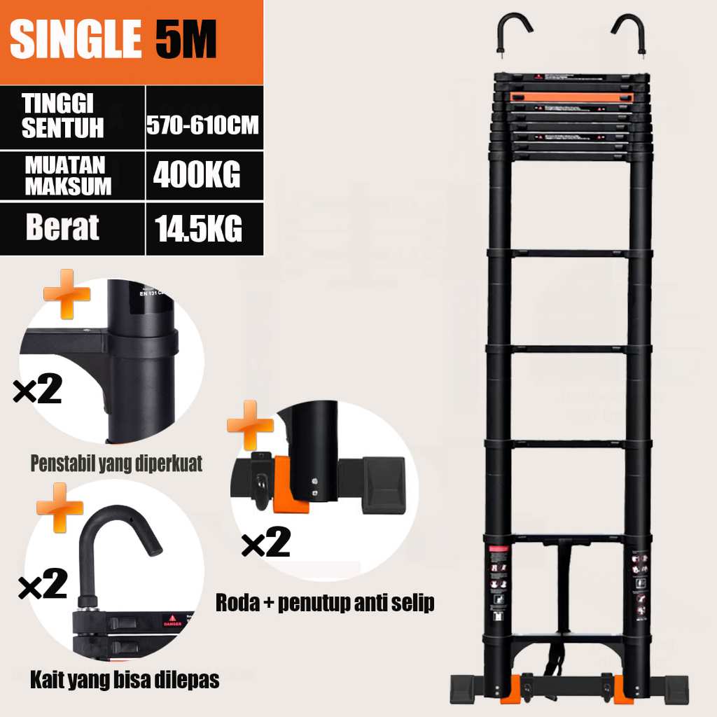 Jual IXCE Tangga 5m Lipat Alumunium / Telescopic Ladder 5M Hitam/Perak ...