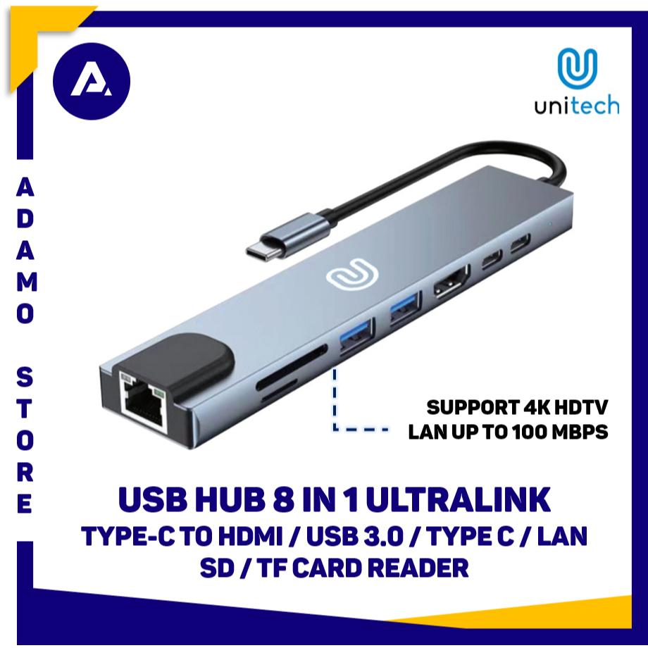 Jual Unitech Converter Adaptor 4K 8in1 Type-C to HDMI + USB 3.0 + LAN ...