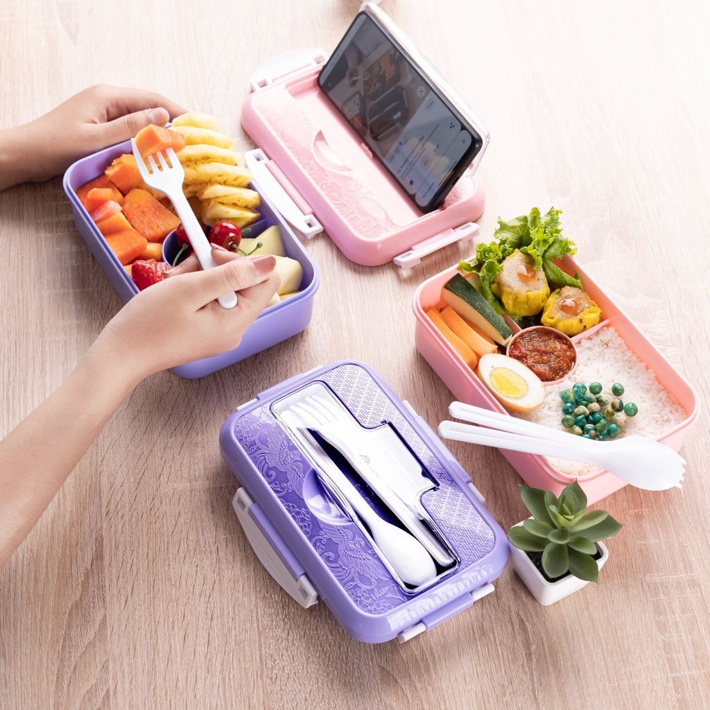 Jual ART289 Tempat Makan Free Sendok Garpu 1000ml 4 In 1 / Kotak Bekal Tempat Makan Lunch Box ...