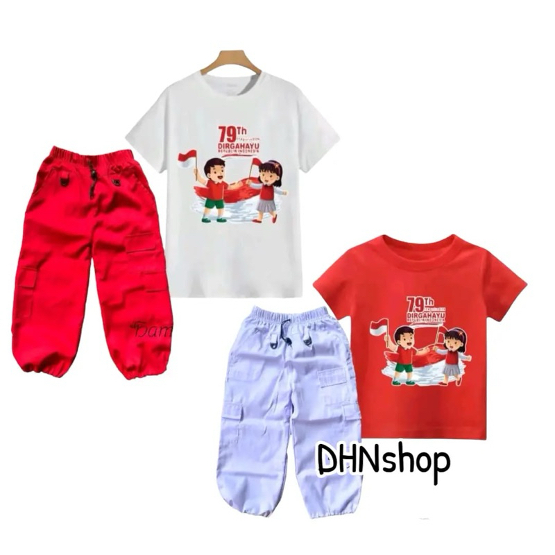 Jual (GRATIS NAMA) Setelan Rose Cargo Merah putih Kemerdekaan laki laki & perempuan 1-13 tahun ...