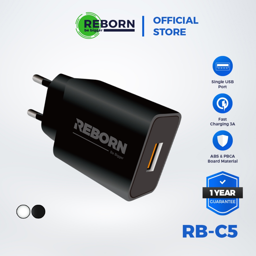Jual Reborn Single USB Quick Adaptor Charger 3A RB-C5 Included Data Cable | Shopee Indonesia