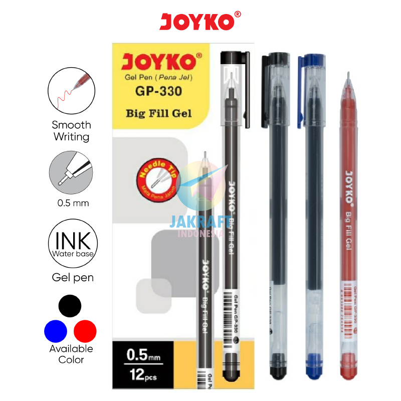 Jual (12 Pcs) GROSIR Gel Pen Ujung Tajam JOYKO GP-330 Big Fill Hitam Black / Biru Blue / Merah ...