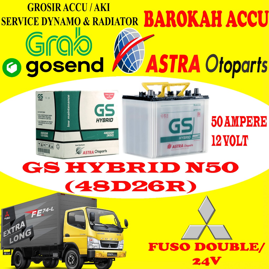 Jual AKI MOBIL MITSUBISHI FUSO DOUBLE 24V GS HYBRID N50 / 48D26R , 50 AH ASTRA OTOPARTS | Shopee ...