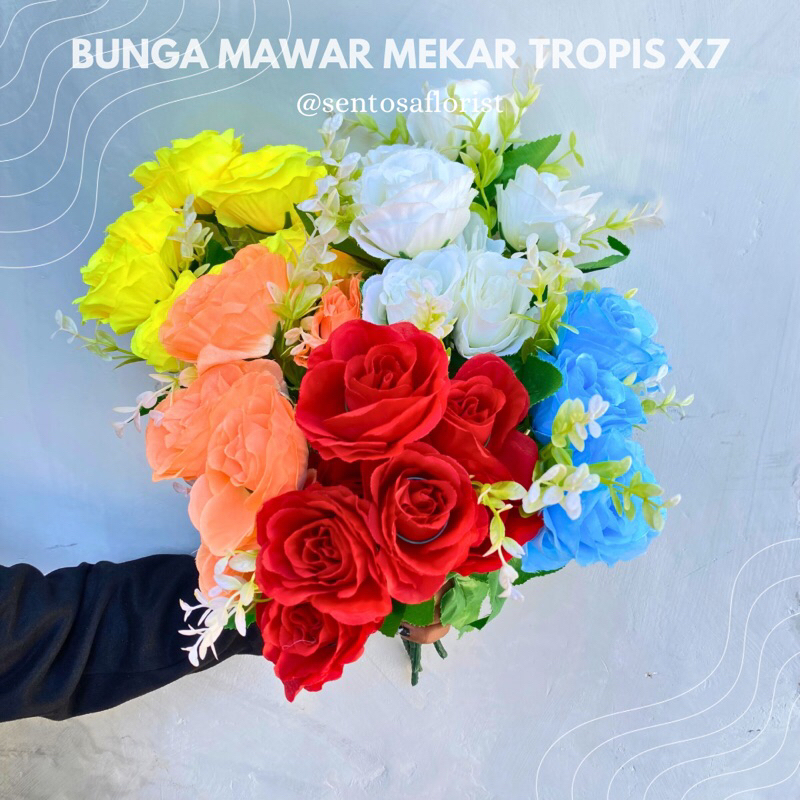 Jual BUNGA MAWAR MEKAR TROPIS CABANG 7/BUNGA MAWAR PREMIUM/BUNGA MAWAR HIAS ARTIFICIAL DEKORASI ...