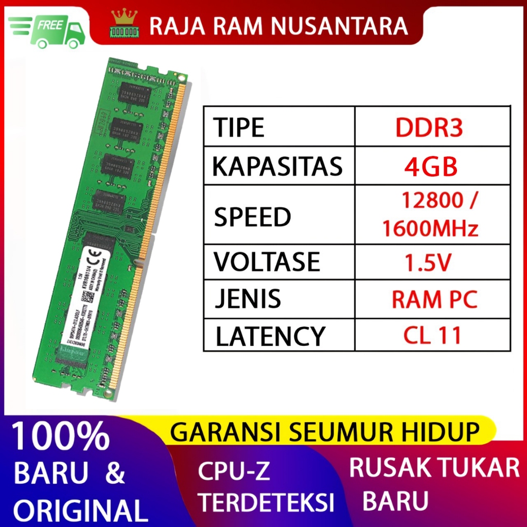 Jual RAM PC KINGSTON DDR3 4GB PC 12800 / 1600 MHz ORI RAM KOMPUTER 1.5v ...